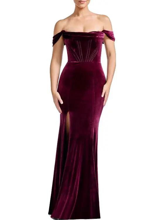 Dress The Population Melania Off-the-shoulder Velvet Gown - Dark Cherry