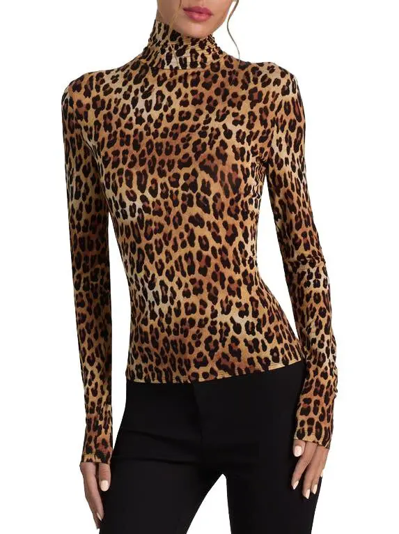 Alice + Olivia Delaina Leopard Print Long Sleeve Mock Neck Top - Spotted Leopard