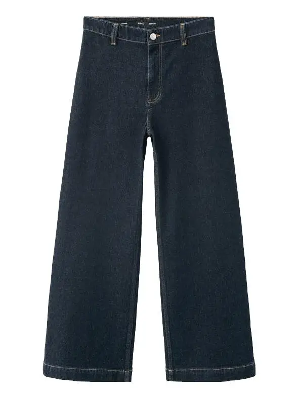 Mango High Waist Wide Leg Culotte Jeans With Frayed Hem - Open Blue