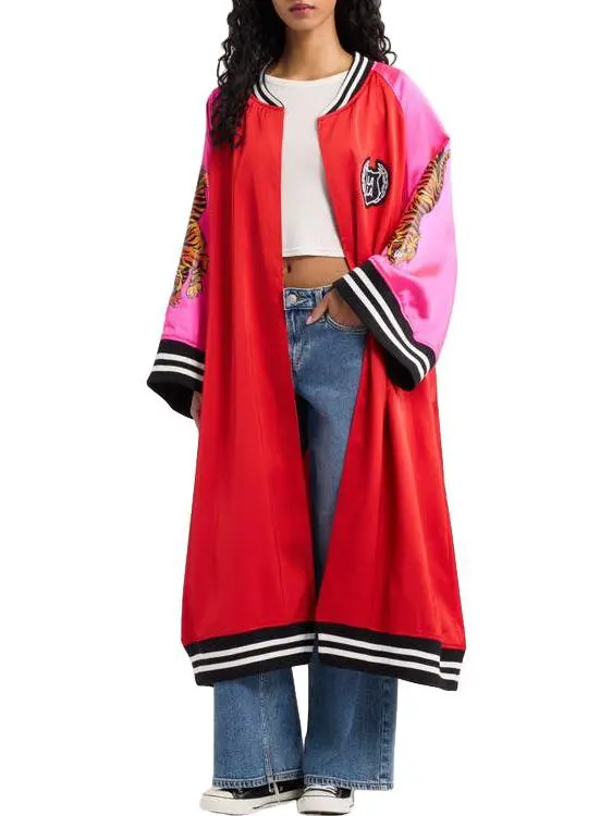 DRESSED IN LALA Colorblocked Kimono Bomber Jacket With Embroidered Sleeves - Pink/red