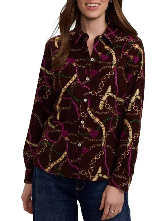 Foxcroft Hampton Chain Print Cotton Corduroy Button-up Shirt - Brown Multi