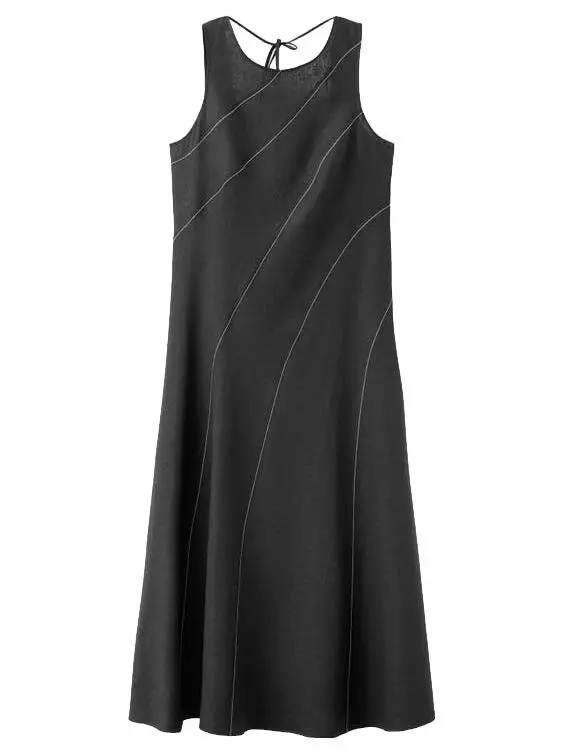 Mango Sleeveless Linen Blend Dress With Diagonal Stitching - Black