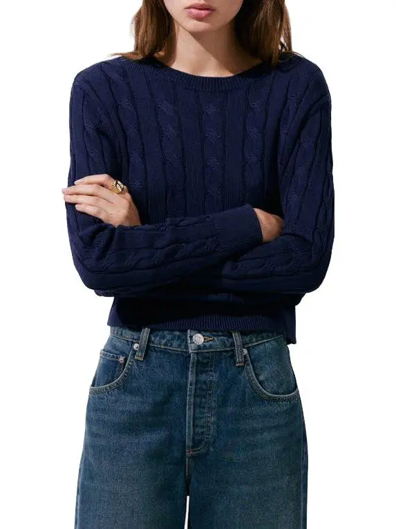 Mango Cable Knit Crewneck Sweater - Dark Navy