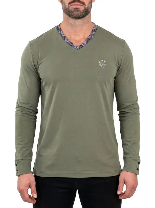MACEOO Edison Stretch Cotton Long Sleeve V-neck T-shirt - Green