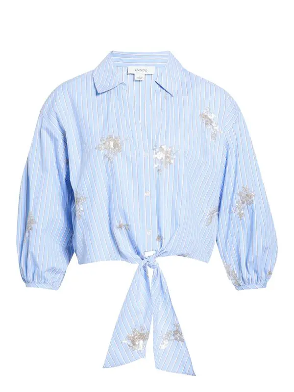 CECE DUPRAZ Sequined Balloon Sleeve Cotton Shirt - Mosaic Sky