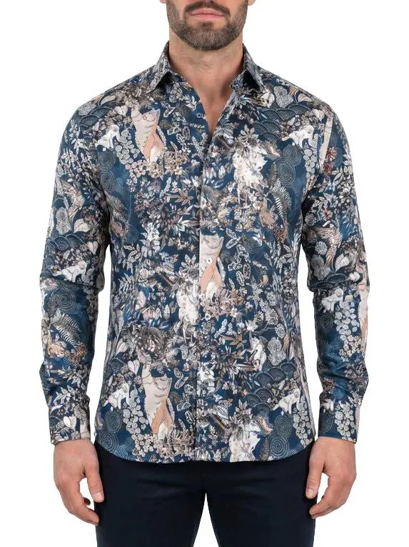 MACEOO Fibonacci Contemporary Fit Silk Button-up Shirt - Blue