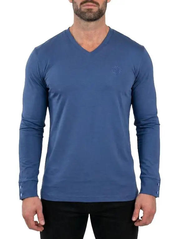 MACEOO Rissa Long Sleeve V-neck T-shirt - Blue