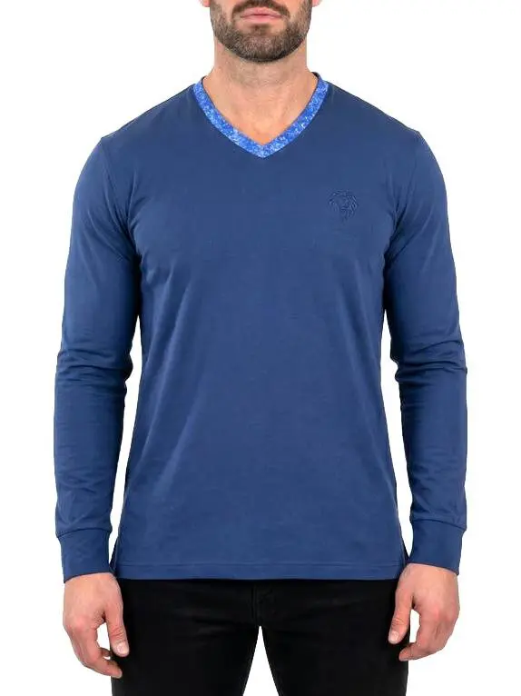 MACEOO Edison Stretch Cotton Long Sleeve V-neck T-shirt - Blue