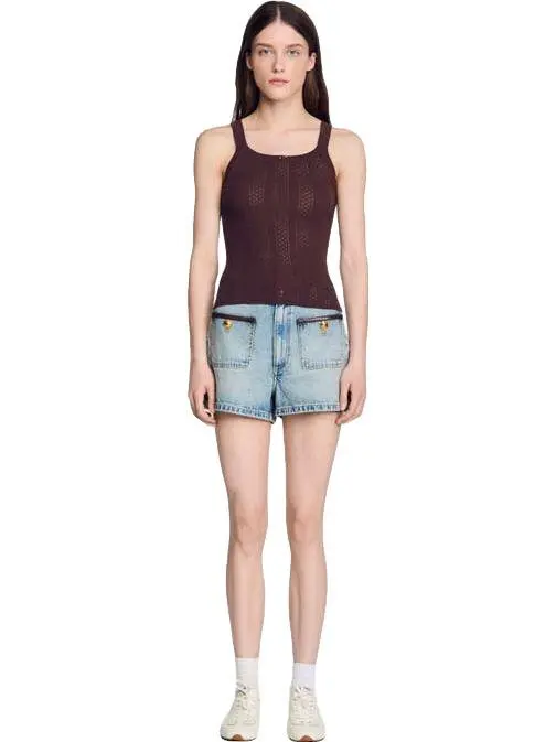 Sandro Pointelle Knit Vest Top With Bow Detail - Brown
