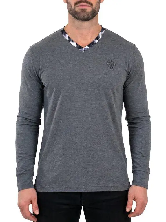 MACEOO Edison Stretch Cotton Long Sleeve V-neck T-shirt - Grey