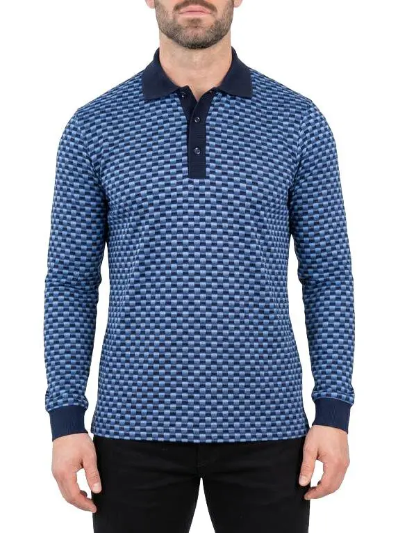 MACEOO Geometric Long Sleeved Cotton Polo - Blue