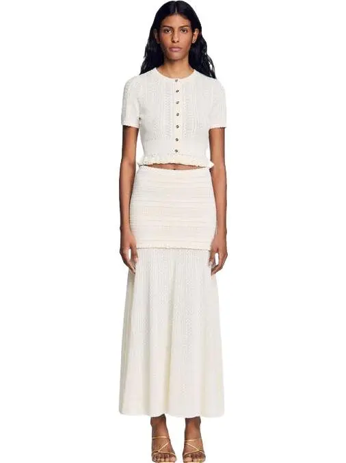 Sandro Pointelle Knit Cropped Cardigan - Ecru