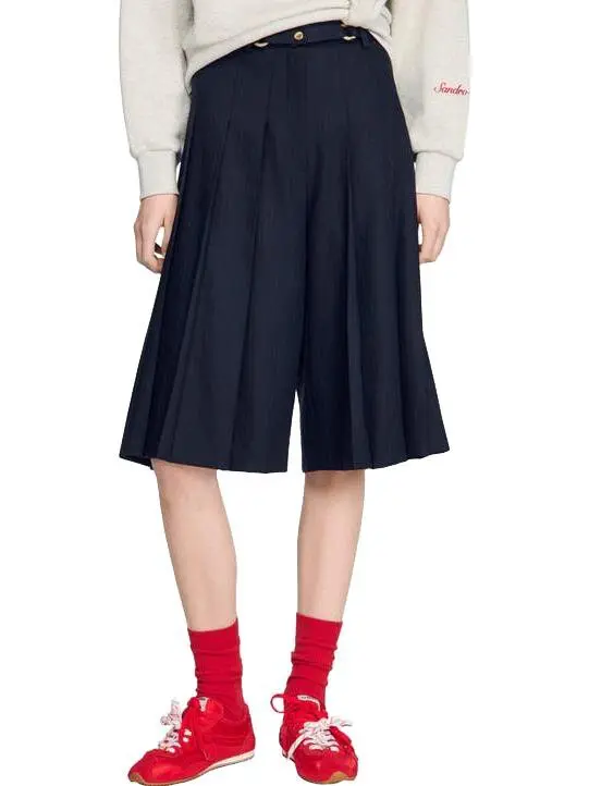 Sandro Long Pleated Wool Shorts With Removable Belt - Navy Blue