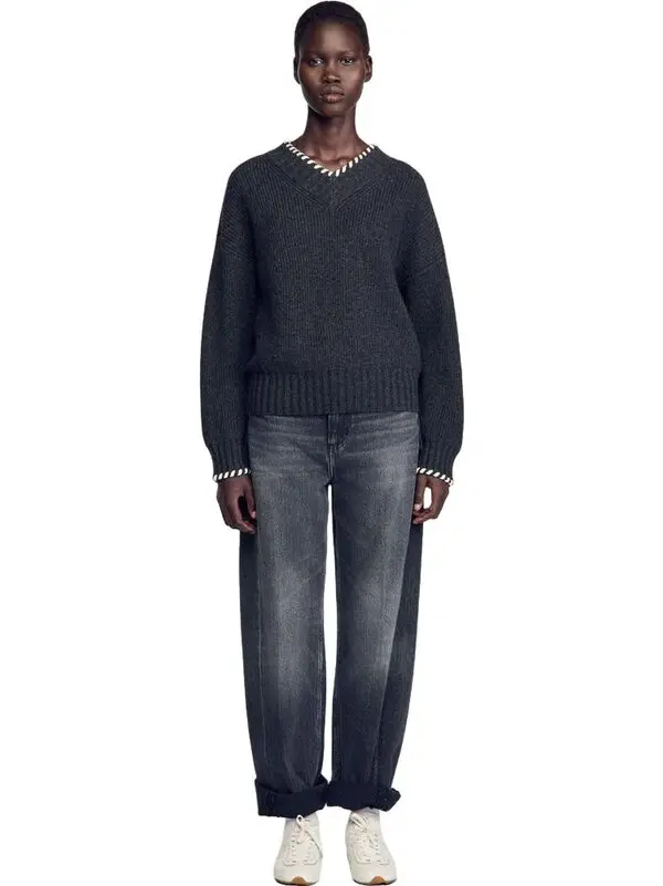Sandro Ribbed V-neck Wool Jumper With Embellished Trim - Grey