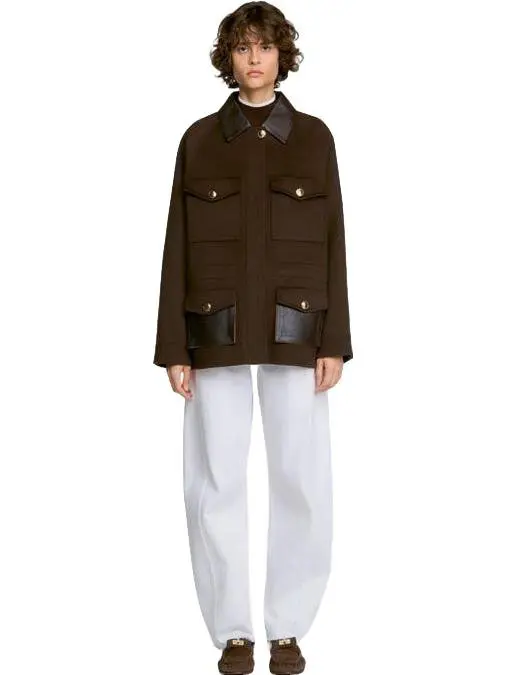Sandro Double-faced Wool Coat With Leather Collar - Brown