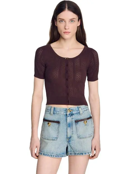 Sandro Pointelle Knit Cropped Cardigan With Ruffles - Brown