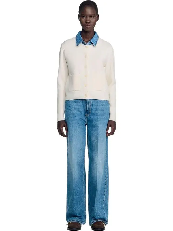 Sandro 2-in-1 Effect Cardigan With Denim Collar - Ecru