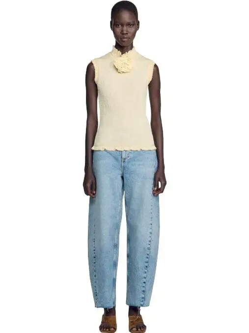 Sandro Sleeveless Smocked T-shirt With Floral Detail - Vanilla