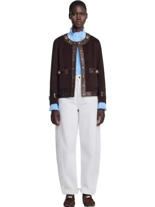 Sandro Short Wool Coat With Leather Trims - Brown