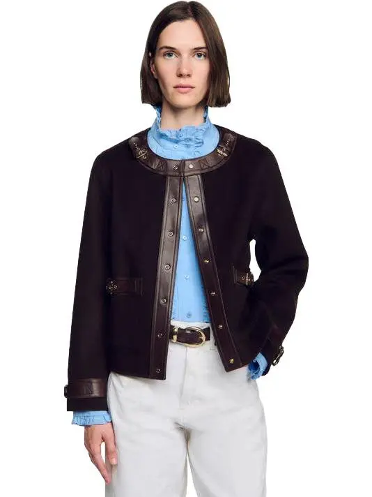 Sandro Short Wool Coat With Leather Trims - Espresso