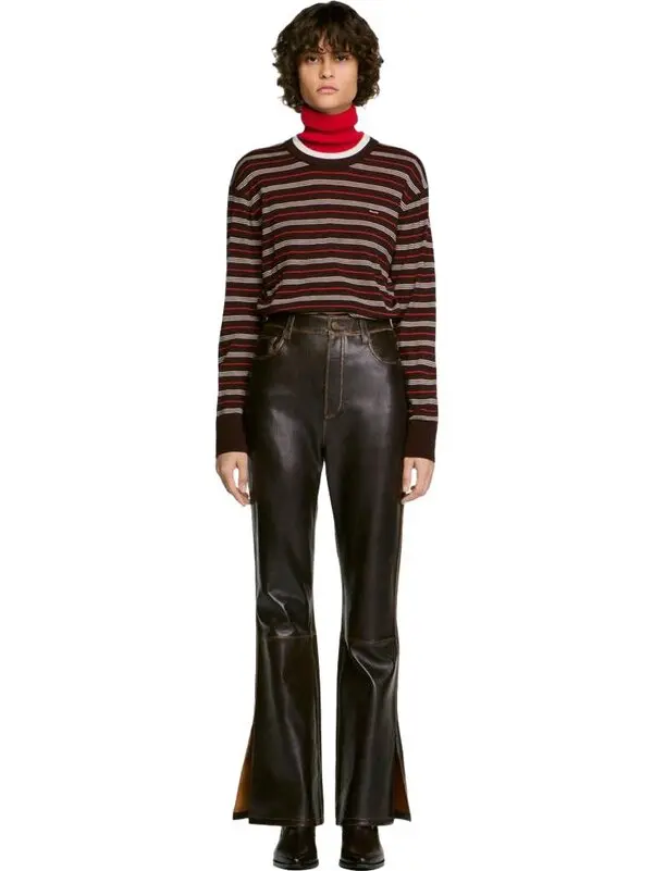 Sandro Distressed Leather Flared Trousers - Brown