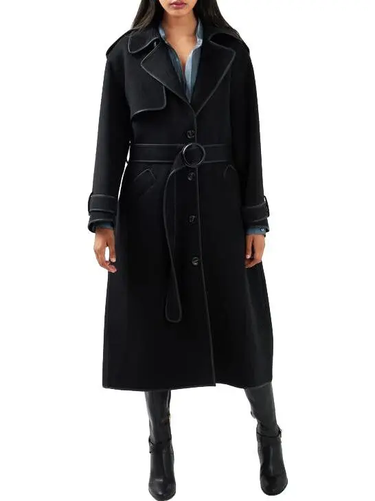 BELLE & BLOOM Wool Blend Trench Coat With Faux Leather Trim - Black