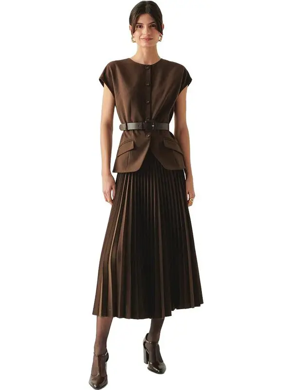 EXQUISE Sleeveless Midi Dress With Pleated Skirt - Brown