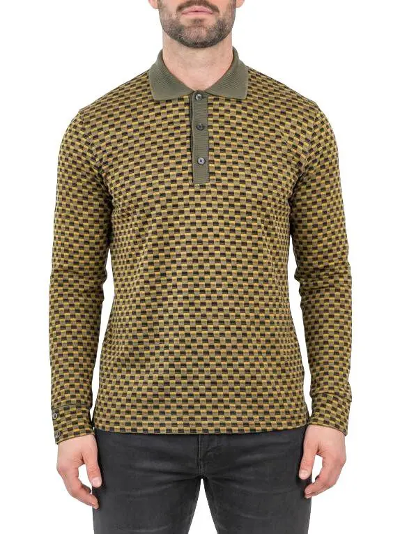 MACEOO Long Sleeve Check Print Knit Polo - Yellow