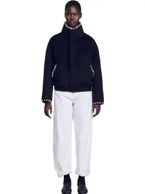 Sandro Cropped Wool Jacket With Topstitched Details - Black