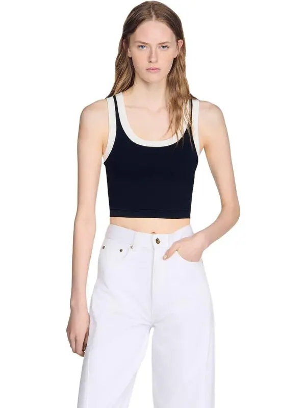 Sandro Cropped Two-tone Knit Top - Black