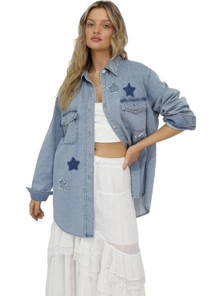 BELLE & BLOOM Stargazer Patch Detail Denim Shirt - Blue