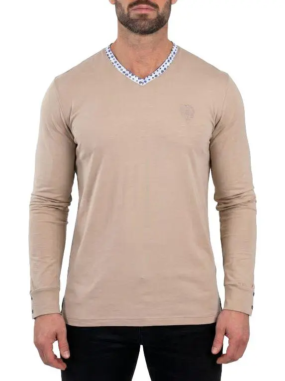MACEOO Edison Stretch Cotton Long Sleeve V-neck T-shirt - Beige