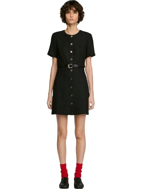 Sandro 2-in-1 Tweed Mini Dress With Belt - Black