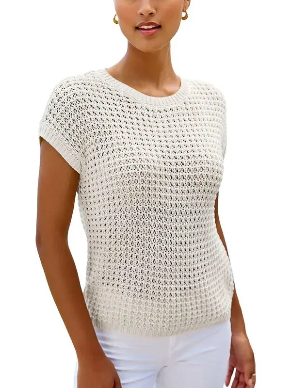 LASCANA Short Sleeve Openwork Knit Sweater - Ivory
