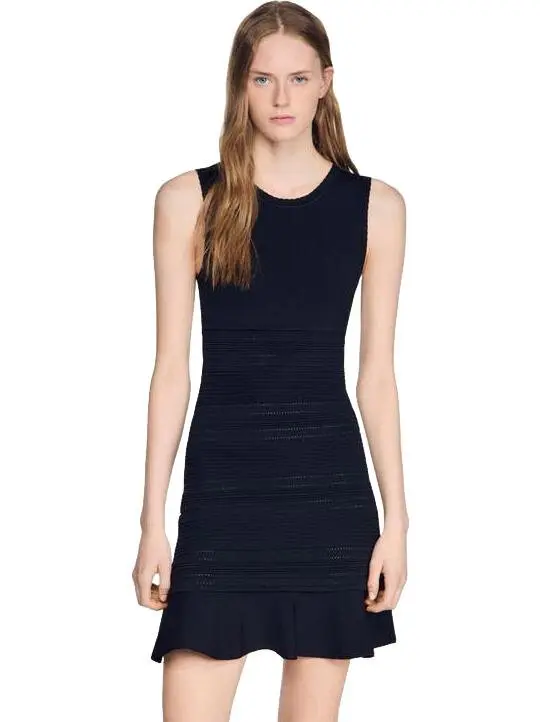 Sandro Fancy Knit Sleeveless Mini Dress With Flared Hem - Black