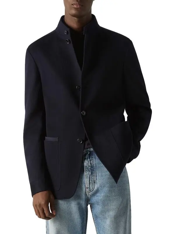 Zegna Regular Fit Cashmere Jacket With Stand Collar - Navy Blue