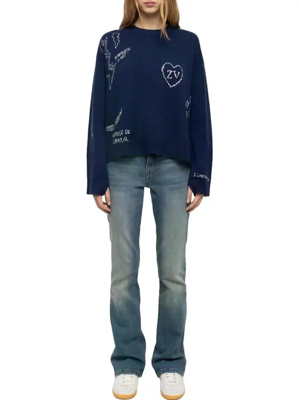Zadig&Voltaire Markuz Jumper 100% Cashmere With All-over Embroidery - Blue