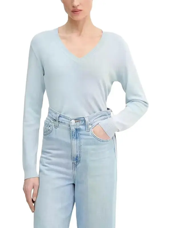 BENETTON V-neck Ribbed Knit Sweater - Blue