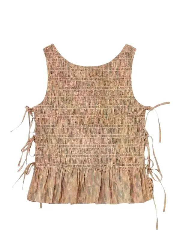 GANNI Smocked Sleeveless Top With Tie Detail - Neutrals