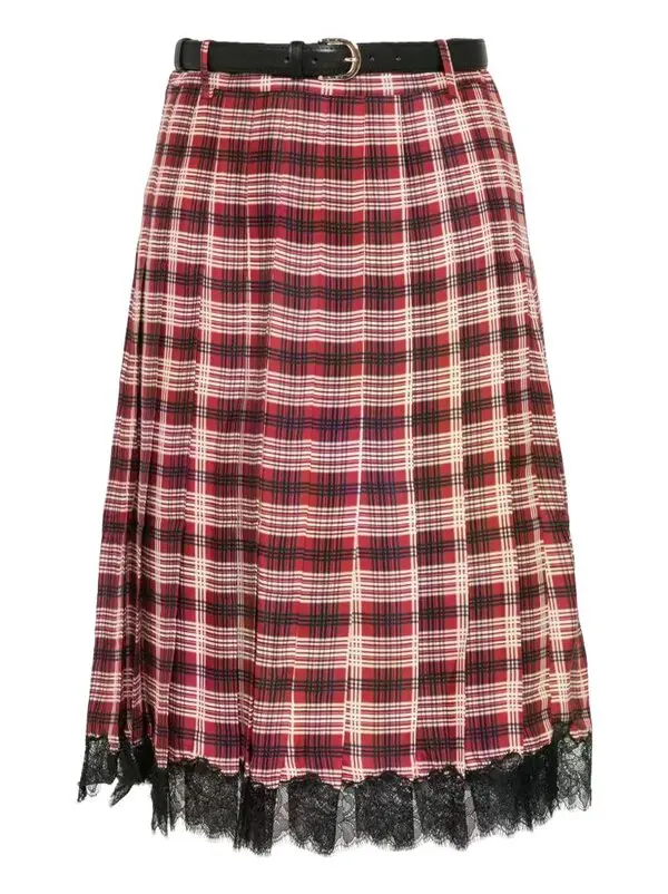 SELF-PORTRAIT Pleated Lace-trim Skirt - Red