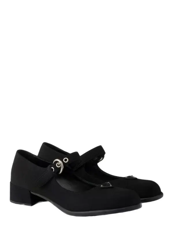 Prada Fabric Ballerina Flats With Buckled Strap And Metal Logo Detail - Black