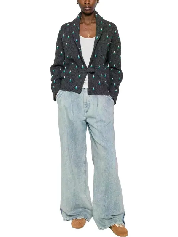 FORTE_FORTE Floral Embroidered Ribbed Knit Cardigan - Grey