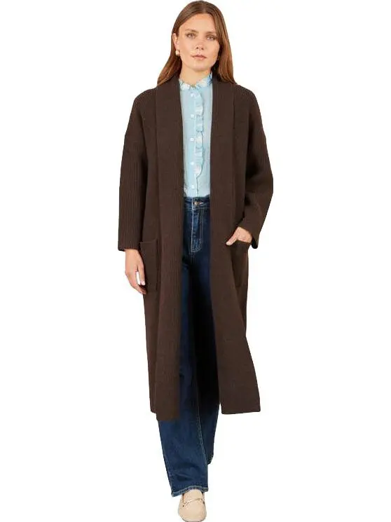 YUMI Long Sleeve Knitted Maxi Cardigan - Brown