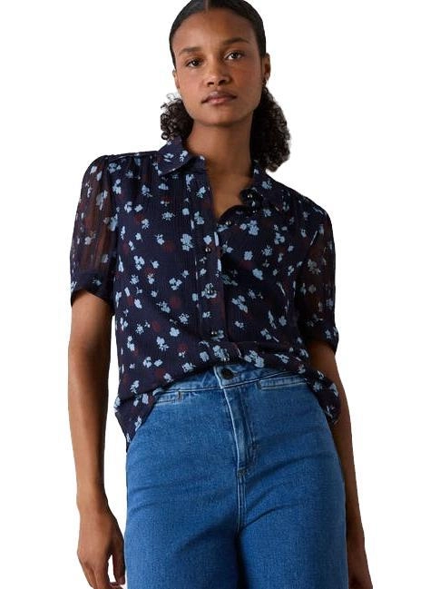 Whistles Viscose Short Sleeve Pintuck Blouse - Navy/multi