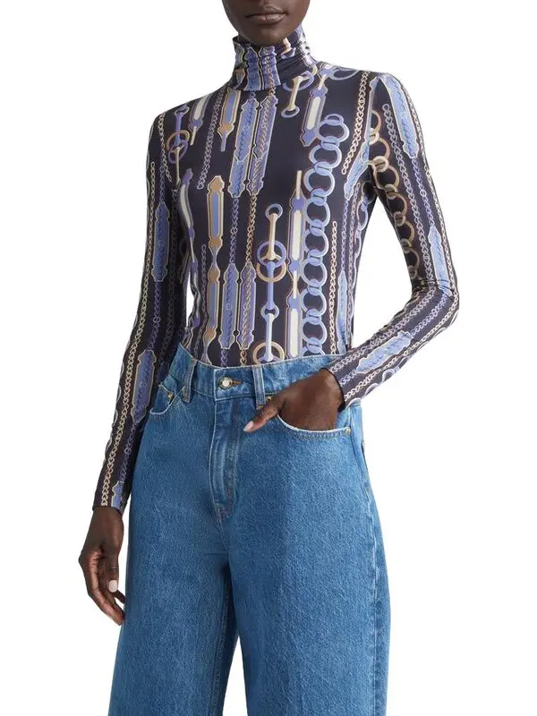 St. John Heritage Chain Bridle Print Turtleneck Top - Midnight Multi