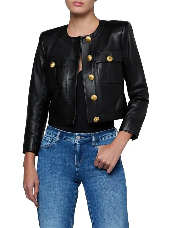L'Agence Deidra Collarless Leather Jacket - Black