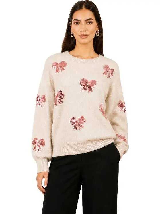 YUMI Relaxed Knit Sequin Bow Jumper - Ivory