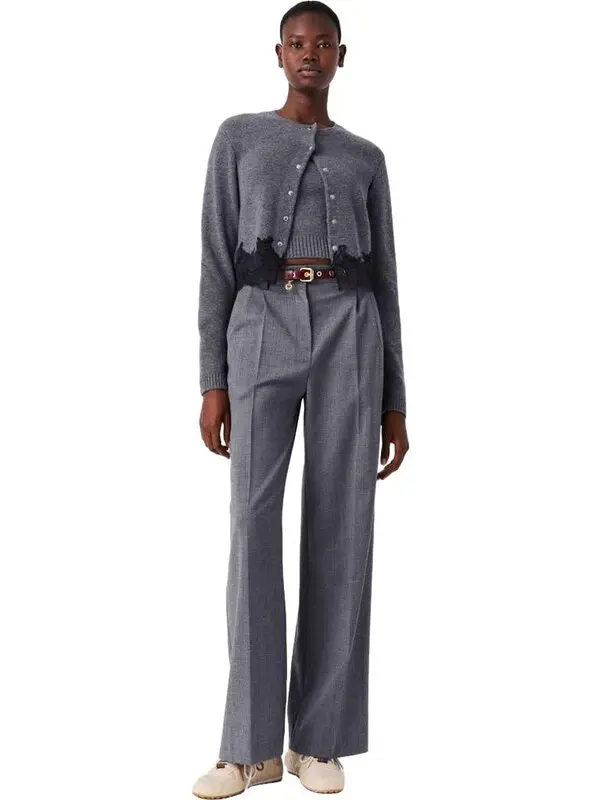 Maje Wool Cardigan With Lace Trim - Grey/black