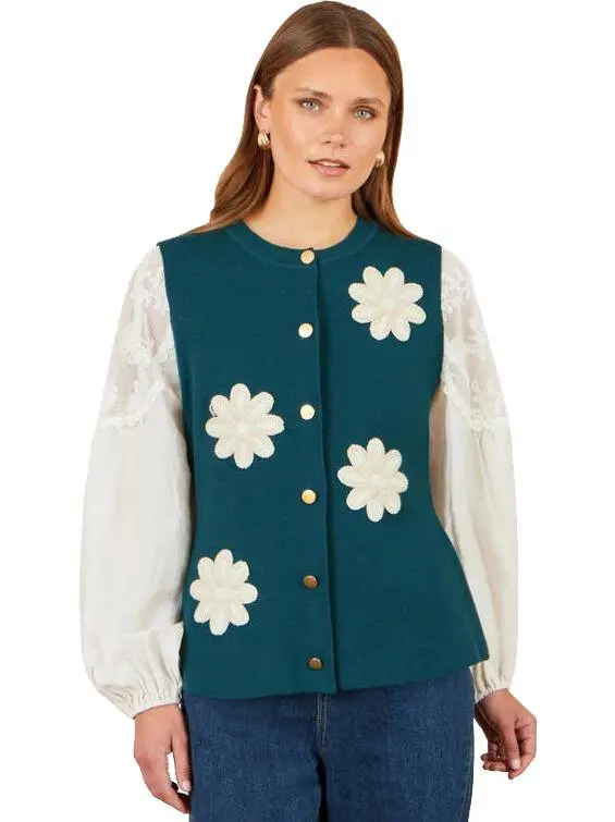 YUMI Flower Appliqué Knit Waistcoat - Teal