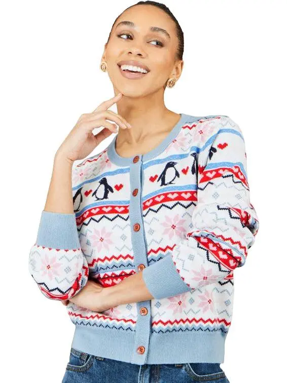 YUMI Penguin Fair Isle Cardigan - Red